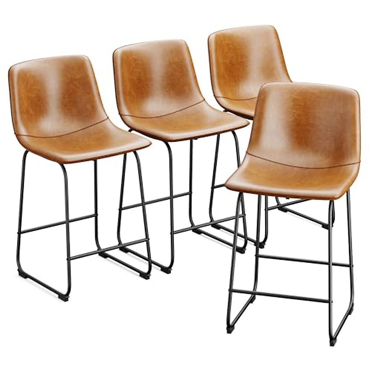 Aowos Bar Stools Set of 4, Modern Counter Height Bar Stools with Back, 26 inch Faux Leather Bar Stools with Metal Legs and Footrest, Urban Armless Dining Chairs for Kitchens Island (Brown)