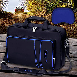 omarando Gaming Console Carrying Case,Compatible with PS5 or PS5 Slim,Travel Carrying Bag for Game Controller and Accessories,Included Controller Protective Box(Black-Blue)
