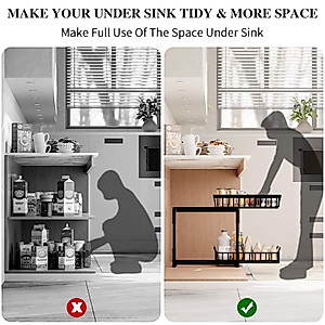 MEIJIA Double Sliding Cabinet Organizer Drawer, 2 Tier Pull Out Under Sink Organizers And Storage Bathroom And Kitchen, Metal L-Shaped Under Cabinet Organizer And Storage - White