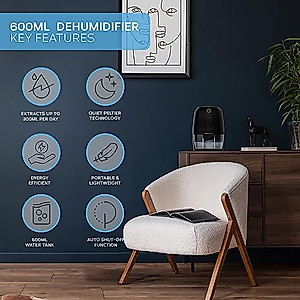 MONHOUSE Dehumidifier 600ml Portable, Compact & Quiet Moisture Absorber - Mini Air Dehumidifier for Home, Bedroom Damp, Car, Office, Garage, Caravan & Basement - Electric Mould Remover - Black