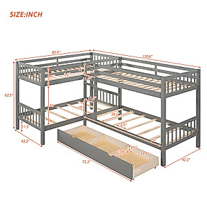 L-Shaped Bunk Bed with Drawers, Bunk Bed for 4 Twin Over Twin for Boys Girls Kids Teen Wood Quad Bunk Beds Frame, Gray