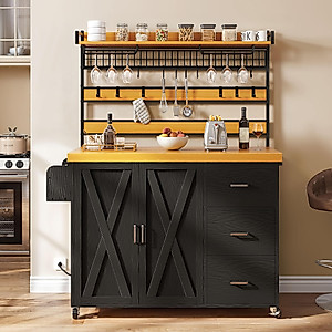 YITAHOME Kitchen Island with Power Outlet & LED Light, 53 Inch Large Standing Baker Rack, Tall Shelf Storage Cabinet on Wheels, Thick Countertop, Glass Holder, Spice Rack, Black Oak