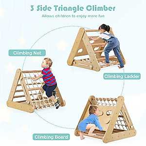 HONEY JOY 4-in-1 Triangle Climber with Ramp, 3-Side Kids Climbing Triangle Ladder with Net Rope & Bars, Wooden Montessori Climbing Toys for Toddlers Daycare, Gym & Playground, Gift for Boys Girls