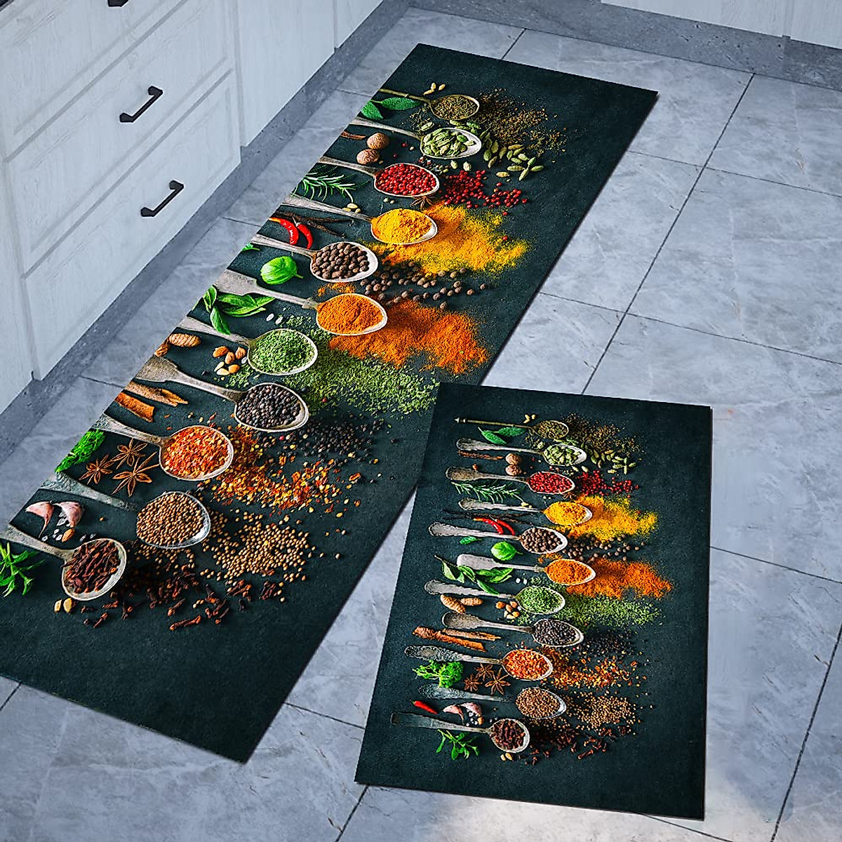 GUBIYU Cooking Herbs Spices Kitchen Rugs Kitchen Mat Bath Rug Floor Door Mats Non Slip Doormat Soft Runner Carpet Home Decor Chili Pepper Decorations Mats for Kitchen Floor 17.7X29.5+17.7X59 Inches