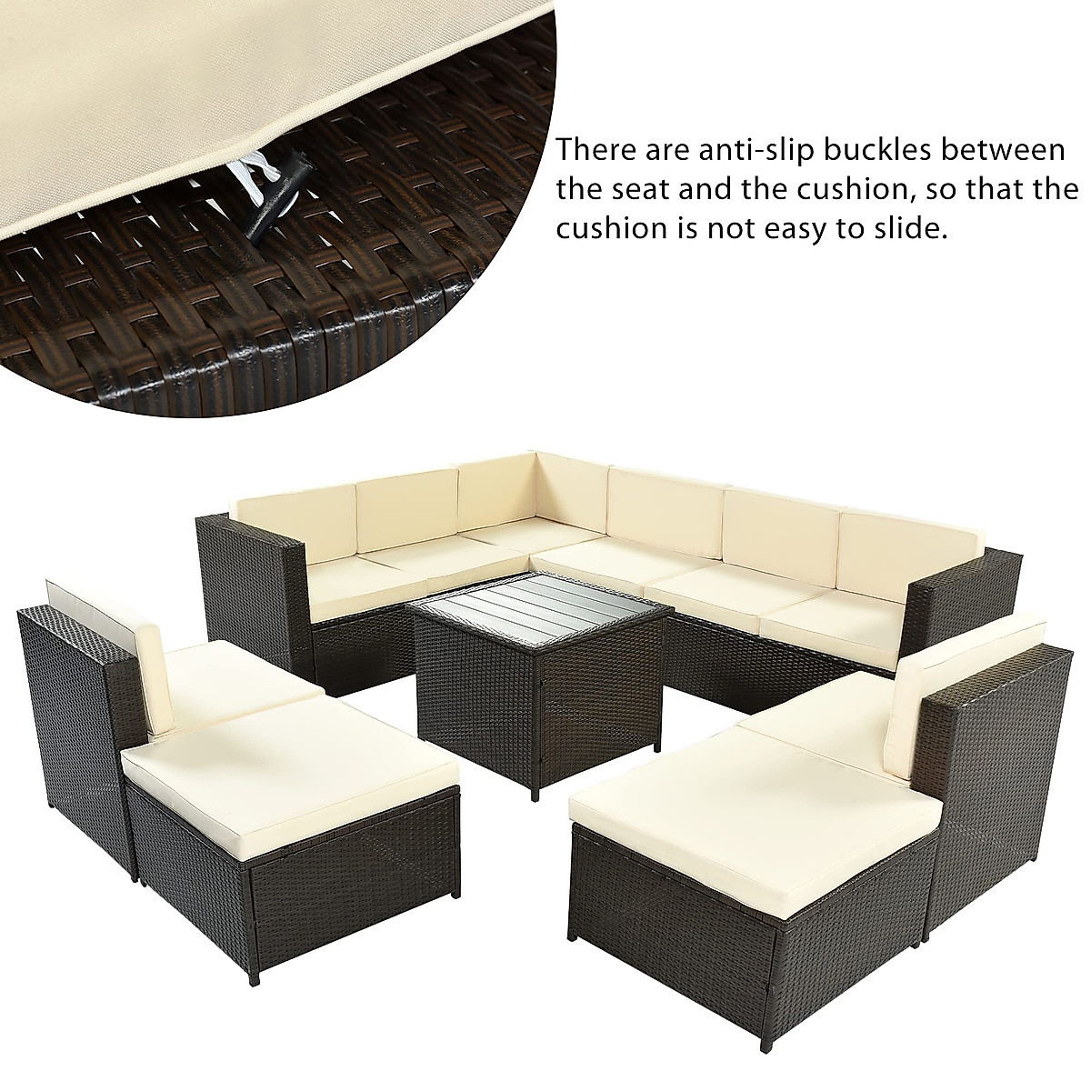 Merax 9 Piece Patio Furniture Set Outdoor Conversation PE Wicker Rattan Sectional Sofa, Coffee Table and Ottoman, Beige