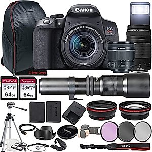Canon EOS Rebel T8i DSLR Camera w/EF-S 18-55mm F/4-5.6 is STM Lens + EF 75-300mm f/4-5.6 III Lens + 500mm f/8 Focus Lens + 2X 64GB Memory + Case + Filters + Tripod + More (35pc Bundle)