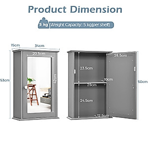 Dual-use Wall Mount Mirror w/Adjustable Shelf, Vanity Storage Bathroom, Living Room or Entryway Medicine Cabinets, Small, Grey