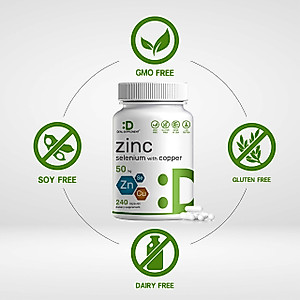 Zinc 50mg with Selenium 200mcg + Copper, 240 Capsules, 8 Month Supply, 3 in 1 Mineral Formula, Zinc Picolinate Complex Supplement, Supports Healthy Immune System for Adults and Kid