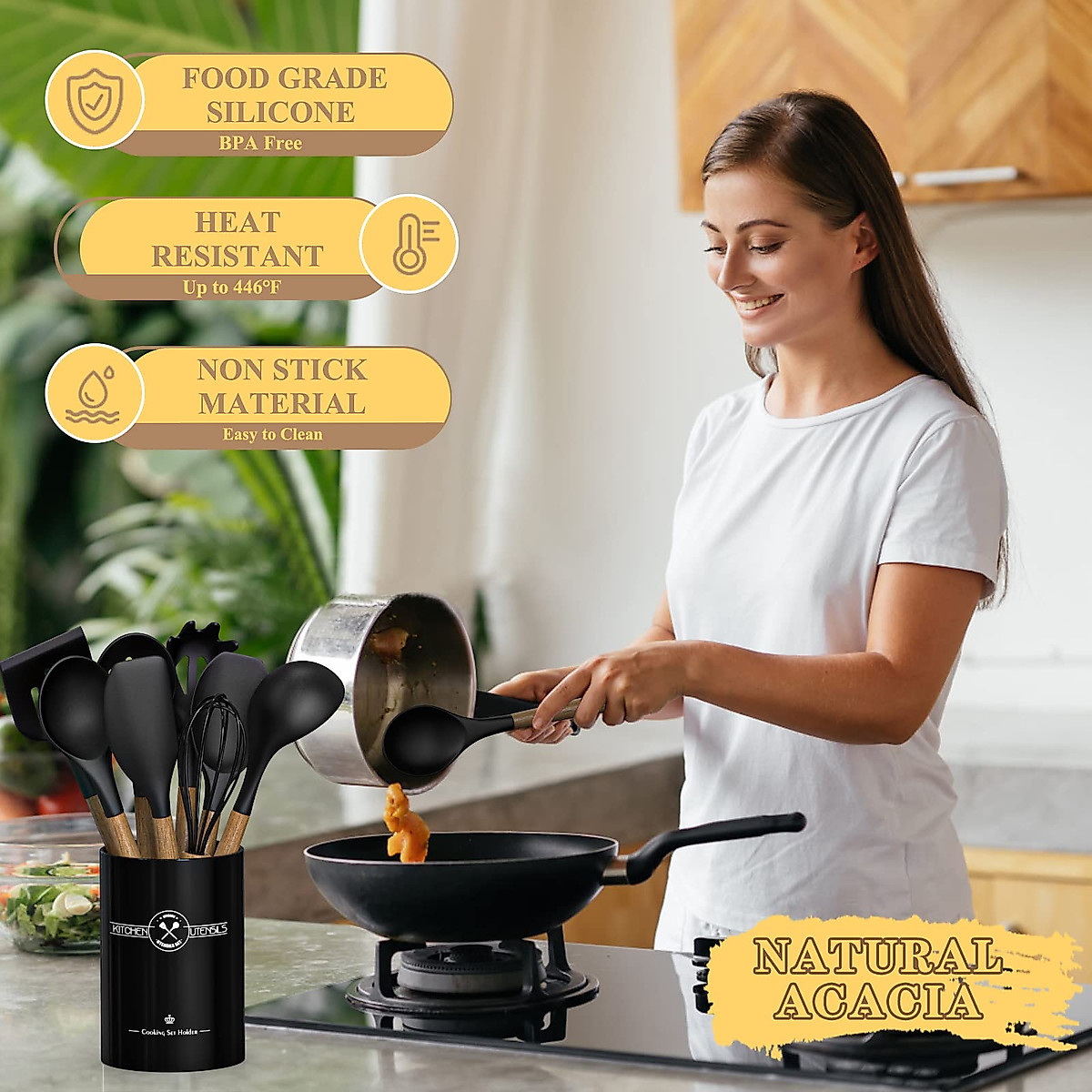 Silicone Kitchen Cooking Utensil Set, 9Pcs Kitchen Utensils Spatula Set with Wooden Handle for Nonstick Cookware, 446°F Heat Resistant Silicone Kitchen Gadgets Utensil Set with Large Holder（Black）