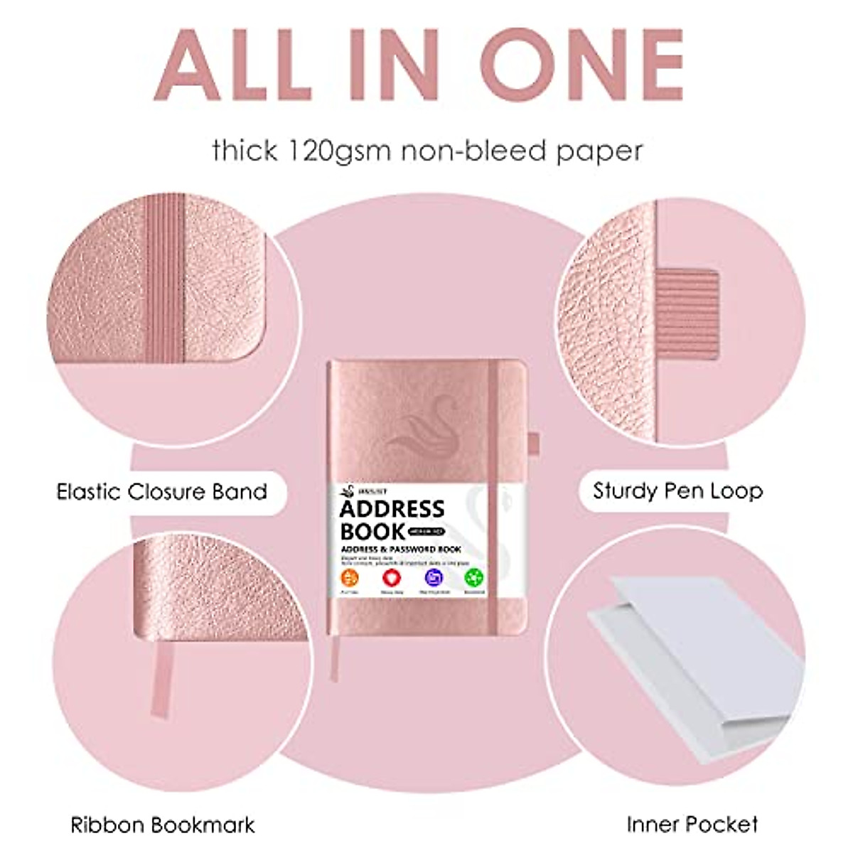 JXSELECT Elegant Address Book with Alphabetical Tabs, Hardcover Address Log Book & Password Keeper, with Contacts, Phone Numbers, Birthdays, Anniversaries and Notes Section (5.2x7.7") (Rose Gold)