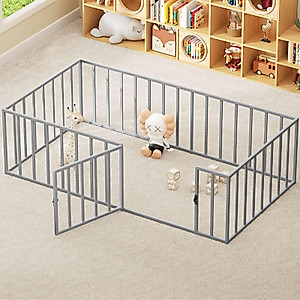 ROOMTEC Montessori Twin Floor Bed Frame Metal 77×41×21 with Fence and Door Easy Assembly for Bedroom Playroom