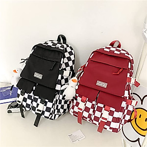 MEOKIM Kawaii backpack student schoolbag large-capacity backpack black and white plaid cute girls campus backpack(Red)