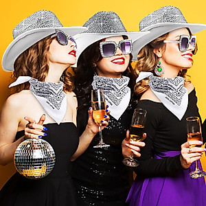 Cuffbow Set of 5 Rhinestone Cowgirl Hat Sunglasses Bling Bracelet Tassel Earrings Bandana Set for Women Cosplay Halloween