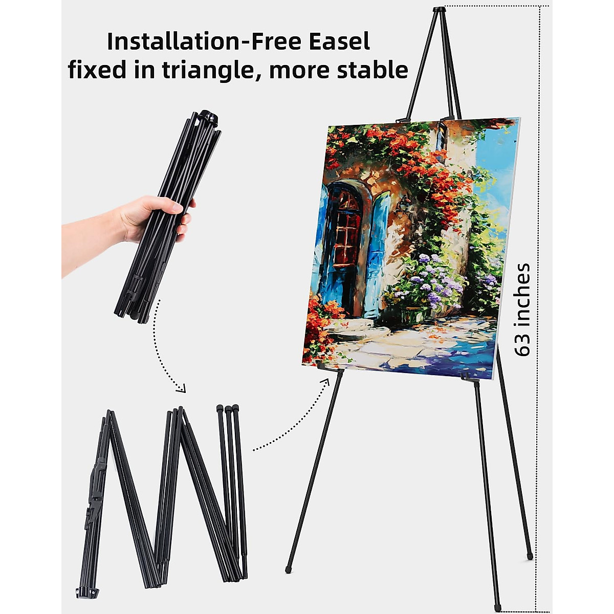 Nicpro Folding Easels for Display, 2 Pack 63 Inch Metal Floor Easel Stand Tripod Black Portable for Artist Poster Wedding with Carry Bag