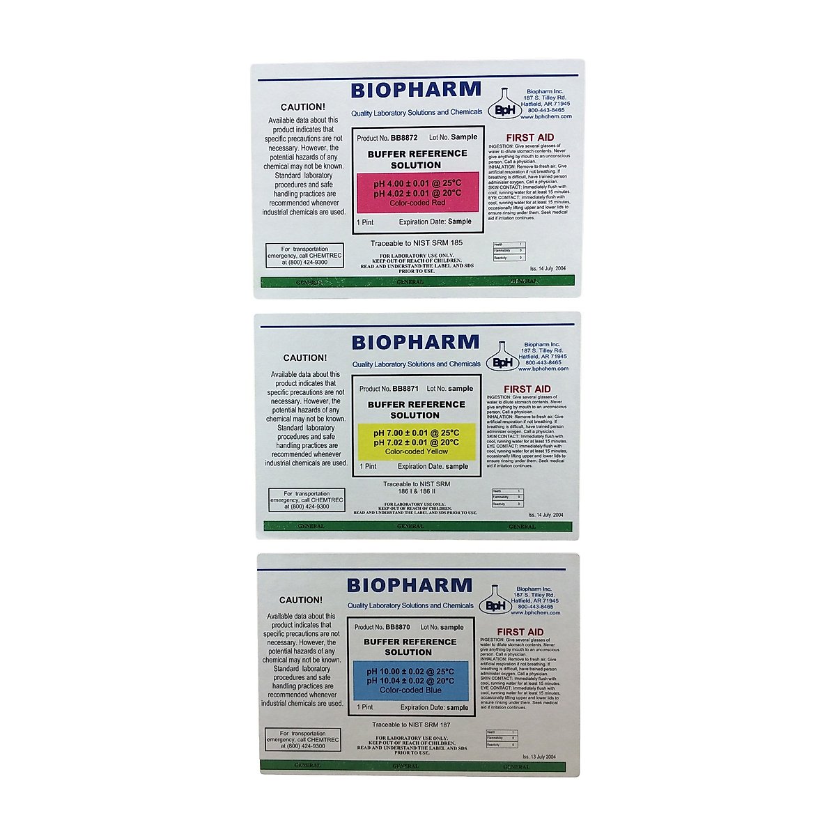 pH Buffer Calibration Solution Kit 3-Pack: pH 4.00, pH 7.00, pH 10.00 Buffers — 500 mL (1.06 Pint) Each — Color Coded — NIST Traceable for All pH Meters