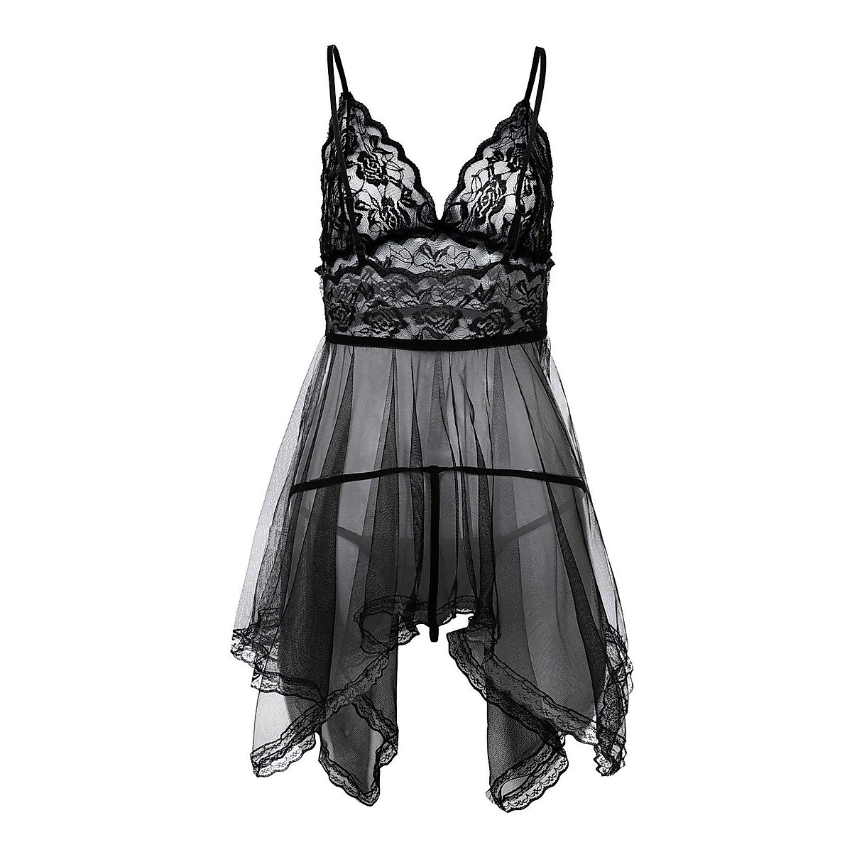 Youmymine Women Lace Lingerie Babydoll Nightgown Sexy V Neck Nightwear Chemise Nightie Backless Pajamas (Black, M)