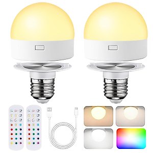 gernehop Rechargeable Light Bulbs with Remote Control, Battery Operated Light Bulb for Sconce and Lamp, 3 Color Temperature Dimmable E26 Wireless Detachable LED Charging Bulb,2 Pack