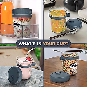 Meals In A Cup 2 Pack Overnight Oats Containers with Lids and Spoons - 16 Oz Glass Mason Jars for Overnight Oats, Leak Proof Oatmeal Container, Meal Prep Jars for Milk, Cereal, Yogurt, Fruit (Grey)