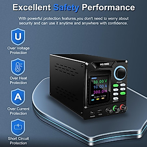 NICE-POWER DC Power Supply Variable 30V 10A, Bench Power Supply with Memory Storage and Encoder Knob, Adjustable Regulated DC Power Supply with Color Display, Output Switch, Lock Button, PC Software