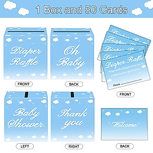 QISOLIY 50 Pieces Diaper Raffle Tickets with Box Baby Shower Game Invitations Diaper Raffle Cards Diaper Raffle Box Set for Baby Shower Gender Reveal Party Supplies Card Box (Blue)