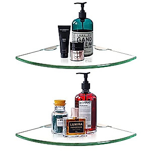 AIBLOM 2 Tier Clear Tempered Glass Floating Shelf, Shower Caddy Organizer Corner Shower Shelf Shampoo Soap Holder for Inside Shower Bathroom Bathtub Wall, Shower Shelves with Adhesive No Drill