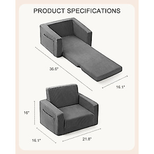 Jouha Thick Toddler & Kids Couch,Toddler Chairs Comfy, Soft Grey Kids Chair Convertible Seeper with Toddlers for Boys and Girls 1-3 to Playroom or Bedroom