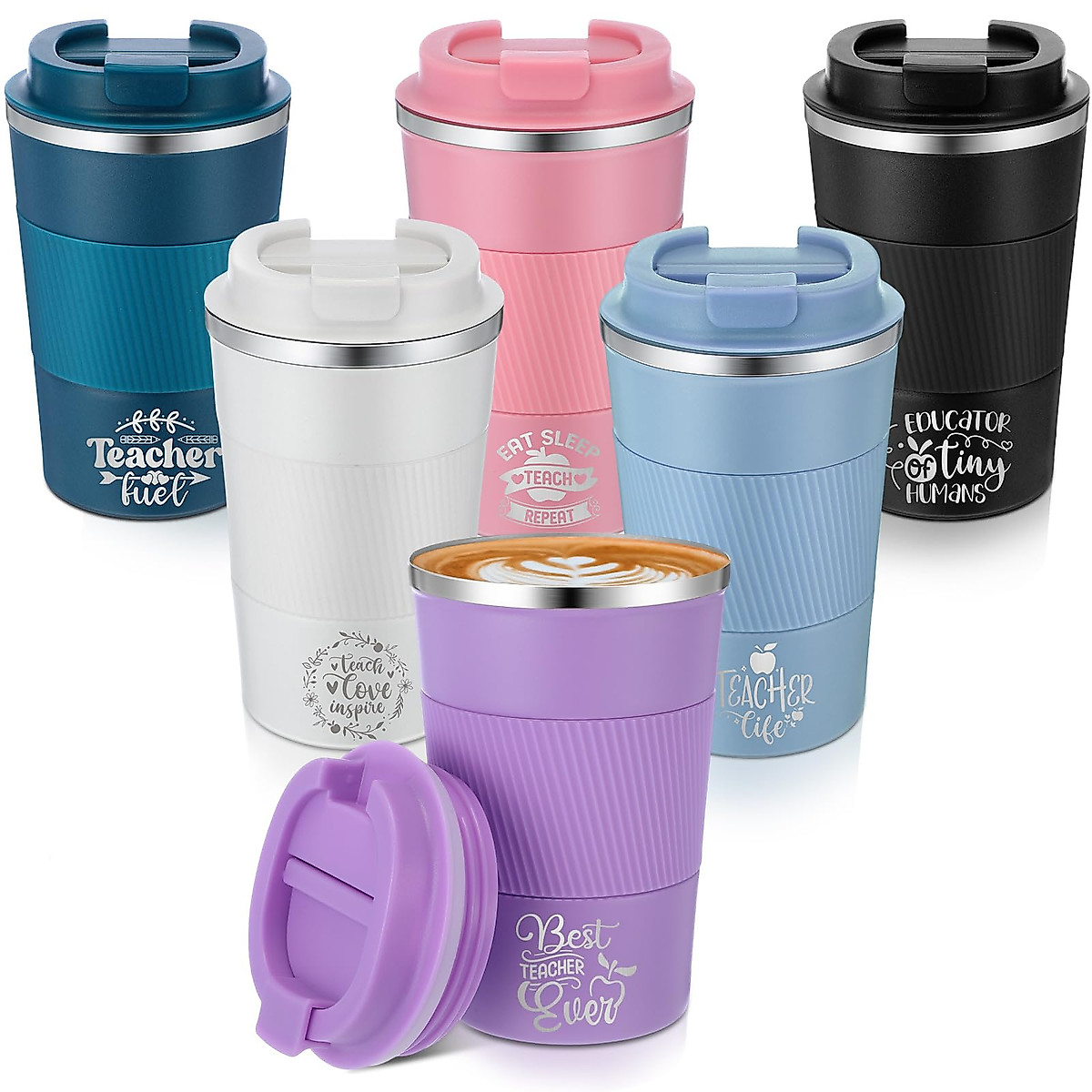 Pickmesh 6 Pcs Teacher Gift Cup Bulk Teacher Appreciation Tumbler Insulated Coffee Mug 12oz with Lids for Preschool Daycare High School Coworker Nurse Birthday Graduation Gift