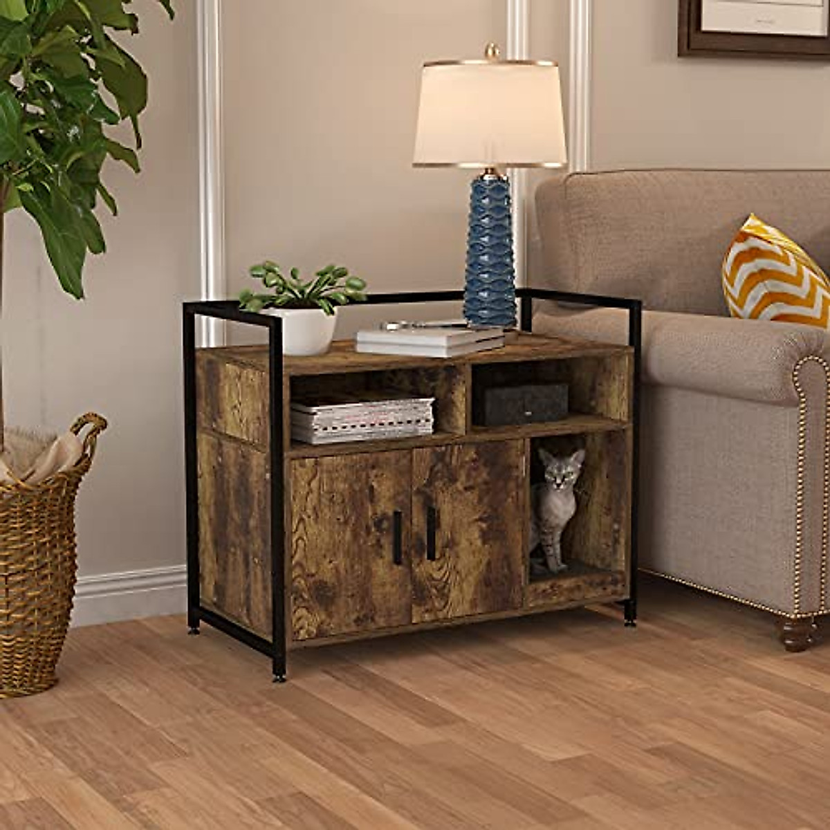 GDLF Iron & Wood Sturdy Structure Large Pet Crate Cat Washroom Hidden Cat Litter Box Enclosure Furniture as Nightstand with Cat Scratch Pad Easy Assembly (Brown)