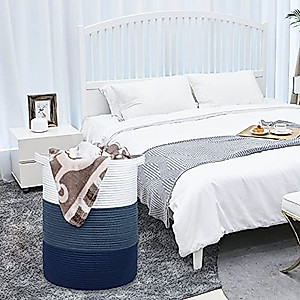 BOSROTY Extra Large Blanket Basket, Tall Laundry Basket, Laundry Hamper, Large Storage Basket, 15.7”x 21.7”,Cotton Rope Basket, Woven Basket, Toy Basket, Clothes Baskets, White&Cadet Blue&Navy Blue