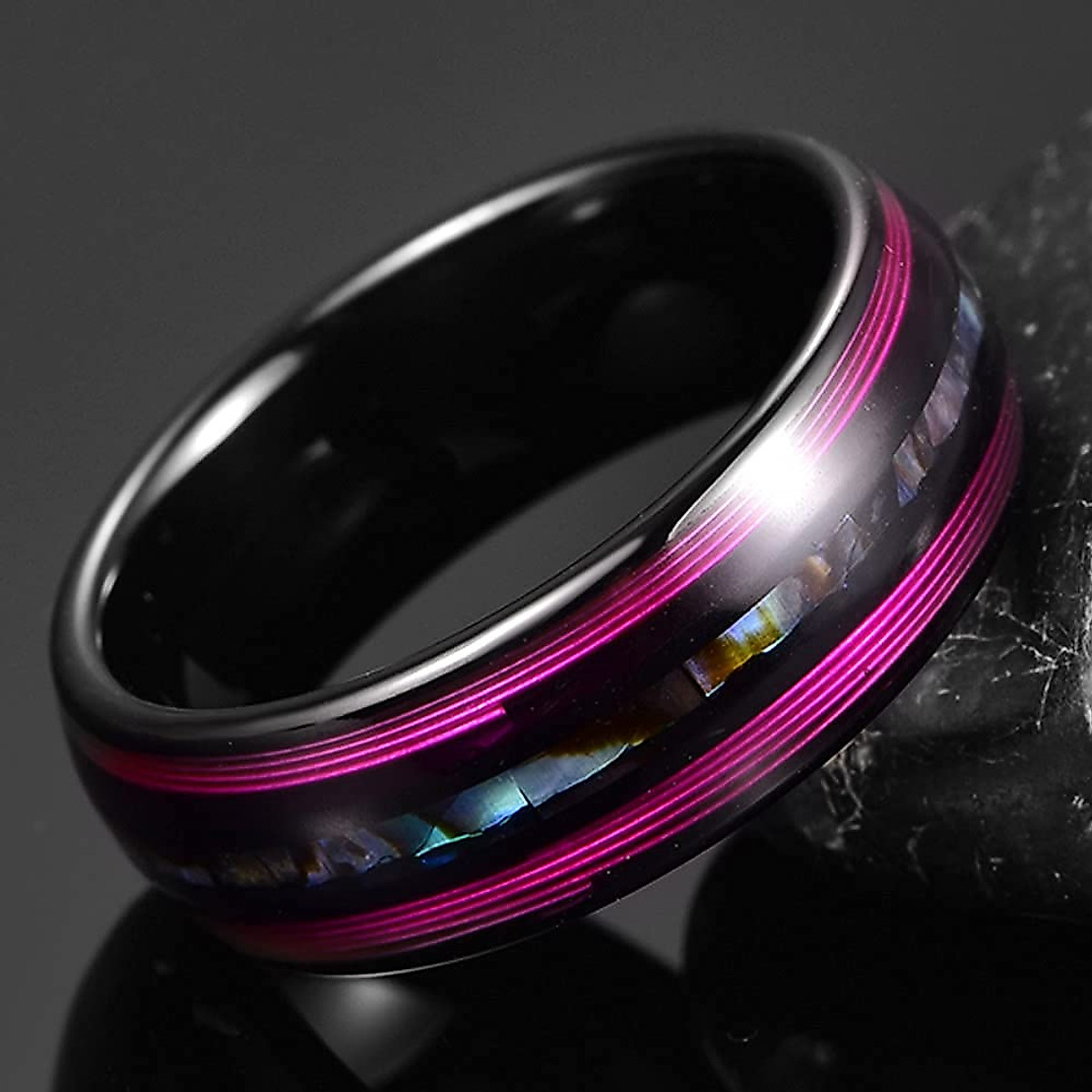 Corato 8mm Abalone Shell Wedding Ring for Men Women Domed Black Rings Tungsten Engagement Band with Purple Guitar String Size 9