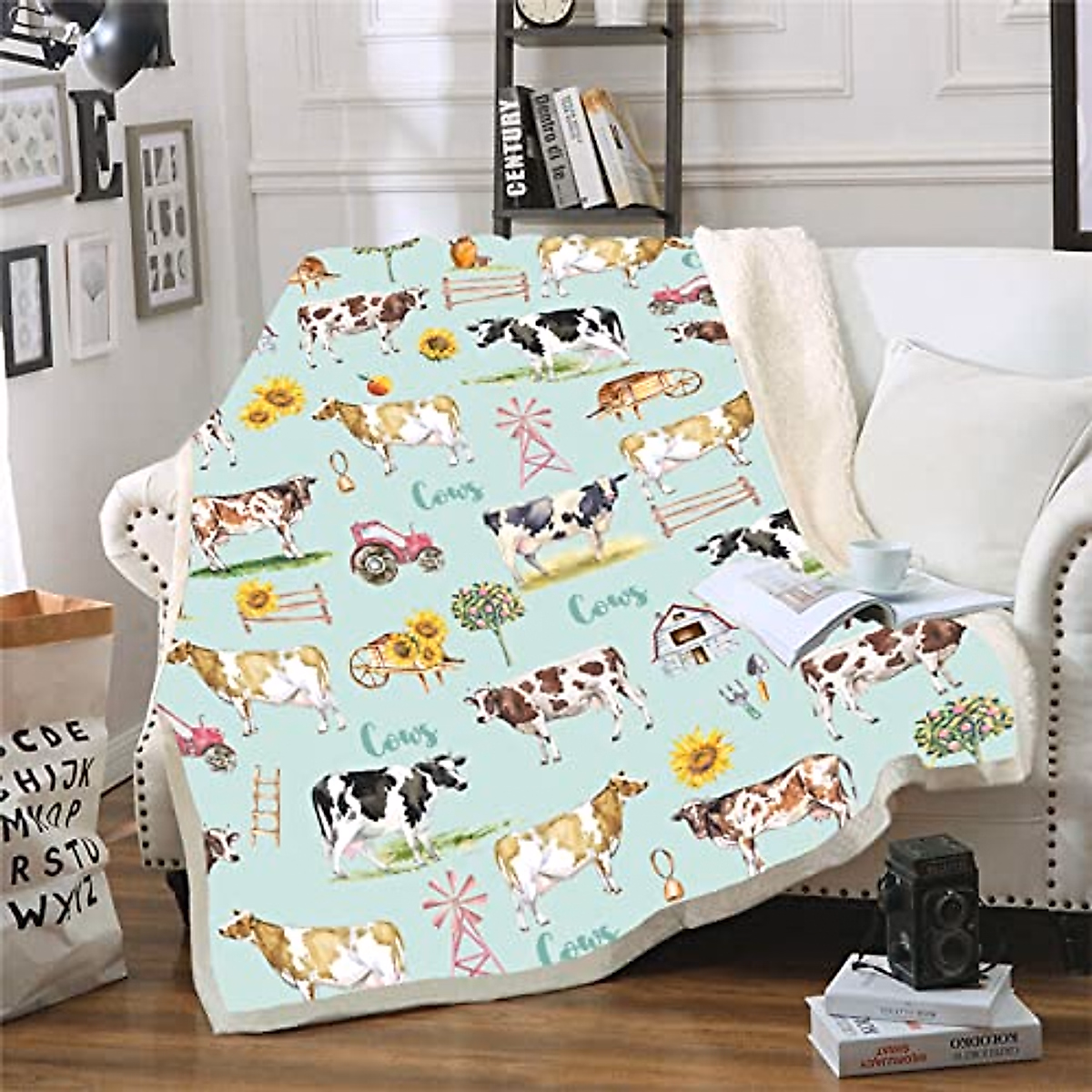 Cow Blanket, Cow Print Blanket, Cow Decor Bedding Throw Blanket, Spring Summer Sunflower Farmhouse Throw Blanket, Cow Gifts for Cow Lovers, Throw Blankets for Bed Sofa Travel Couch 50''x 60''