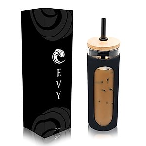 EVY Glass Tumbler 20oz Black Silicone Protective Sleeve Bamboo Lid with Straw for Iced Coffee, Smoothies, and Water Bottle Reusable Cup BPA Free The Original