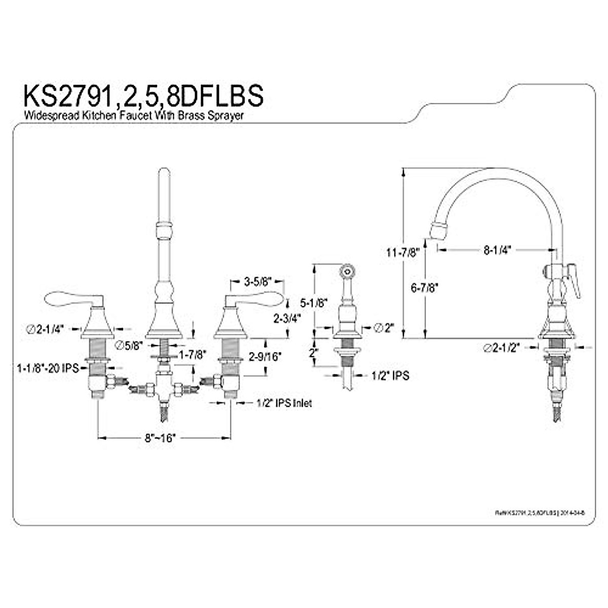 Kingston Brass KS2795DFLBS NuFrench Widespread Kitchen Faucet, 8-1/4 inch spout reach, Oil Rubbed Bronze