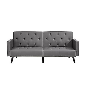 Naomi Home Split Back Faux Leather Leather Futon Sofa (Split Back with Armrest, Gray)