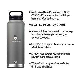 IDEUS Insulated Stainless Steel Water Bottle with 2 Leak-Proof Lids, Thermal Water Flask for Hiking Biking, 40oz, Gray