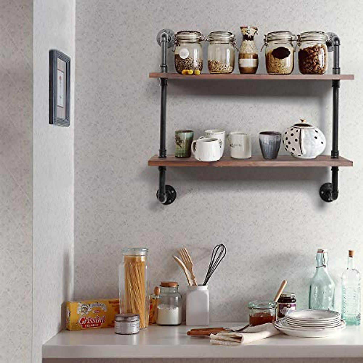 JAXPETY Industrial Floating Shelf 2-Tier Wall Mounted Pipe Shelves Rustic Wood Shelf Metal Bracket Storage Space Display Bookshelf for Bedroom, Living Room, Office