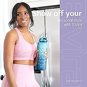 Elvira 32oz Large Water Bottle with Motivational Time Marker & Removable Strainer,Fast Flow BPA Free Non-Toxic for Fitness, Gym and Outdoor Sports-Black