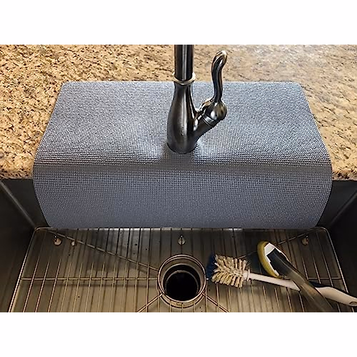 Gray, Kitchen sink faucet splash guard/guards faucet area from water damage, chipping and too much wiping, copyright 2017/TM/Patent Approved (17 in. width x 23 in. length)