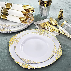 Nervure 350PCS White and Gold Plastic Plates & Pre Rolled Napkins with Plastic Cutlery for 50 Guests-Gold Disposable Plates, 150 Gold Plastic Silverware, 50Cups, 50Napkins for Party & Wedding