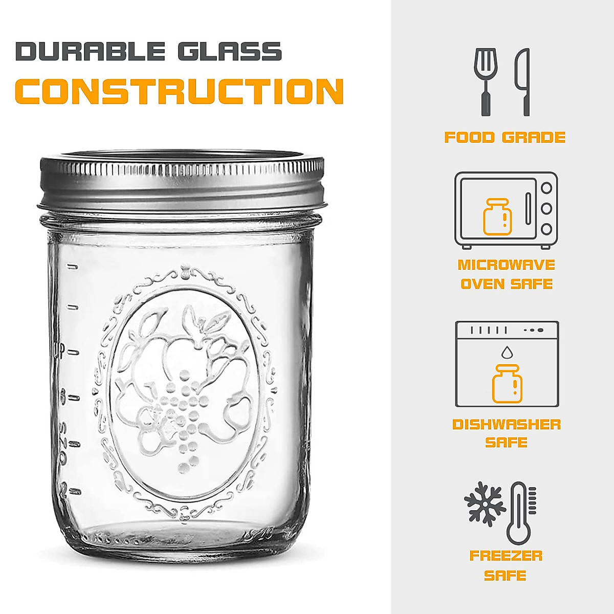 Wide Mouth Glass Mason Jars 16 oz, 6 Pack Glass Canning Jars with Metal Airtight Lids and Bands and Measurement Marks, for Canning, Preserving, Overnight Oats, Jam, Jelly, Food Storage, DIY etc