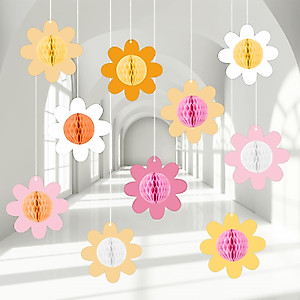 10PCS Daisy Groovy Boho Hanging Party Classroom Decorations Retro Hippie Themed Honeycomb Balls Hanging Decor Colorful Daisy Flower Ceiling Party Supplies for Flower Birthday Baby Shower Party Favor