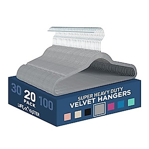 Lifemaster Velvet Non-Slip Hangers - 20 Pieces Non-Slip Coat Hanger Set with 360° Swivel Hook, Space-Saving, Sleek Design, Keep Closet Organized, Smooth Velvet Finish, Lightweight Construction - Gray
