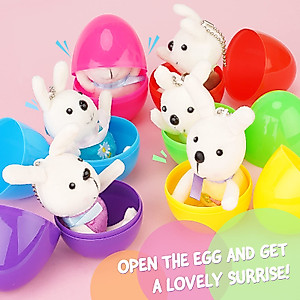 CAKKA Easter Eggs with Toys Inside, 12 Pack Prefilled Easter Eggs with Bunny Animal Plush, 3” Pre Filled Plastic Easter Eggs, Easter Fillers Stuffers Toys for Toddlers 1-3 Baby Girls