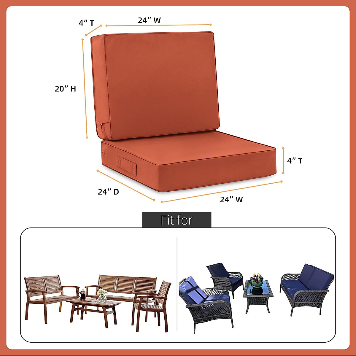 Favoyard Deep Seat Patio Cushion Set 24 x 24 Inch Waterproof Outdoor Chair Cushions for Patio Furniture with Fade Resistant and Removable Cover with Handle & Adjustable Straps for Patio, Yard, Garden