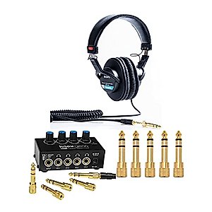 Sony MDR7506 Folding Professional Closed Ear Headphones Bundle with Stereo Headphone Amplifier with DC 12V Power Adapter and Stereo Aux Adapter (5-Pack) (3 Items)
