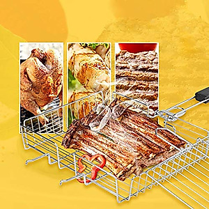 JAHH Non-Stick Rectangle Grilling Basket Folding BBQ Grill Vegetable Basket Set Black Wood Handle BBQ Meat Barbecue Accessories Tool