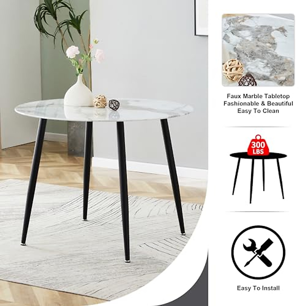 JBFF 40" Modern Minimalist Glass Dining Table for 2-4, 0.3" Thick White Circular Imitation Marble Pattern Tabletop with 4 Black Metal Legs, Suitable for Dining Living Room Restaurant