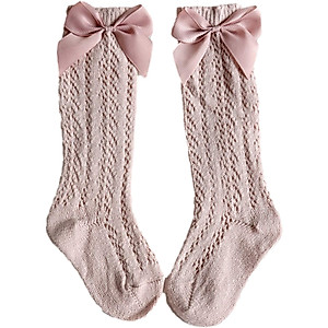 AYIYO Baby Girl Knee-High Socks Toddlers Bow Stockings Newborn Infant Princess Frilly Socks (Pink, 0-12 Months)