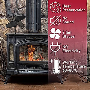 COMBIUBIU Wood Stove Fan Heat Powered 2 Blade Fireplace Fan with Magnetic Thermometer No Electricity Required,Silent Operation,Stove Fan for Gas/Pellet/Wood Burning Stove Accessories
