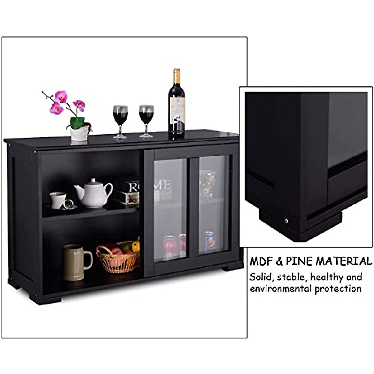 FANTASK Kitchen Storage Cabinet Sideboard, Stackable Buffet w/Height-Adjustable Shelf & 2 Glass Sliding Doors, Accent Console Table for Kitchen Dining Living Room Hallway Office (Black)